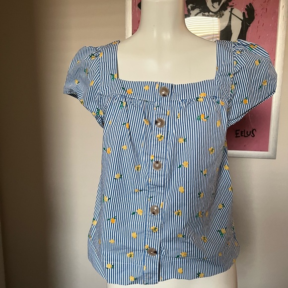 J. Crew | Tops | J Crew Blue And White Stripe And Lemon Puff Sleeve ...